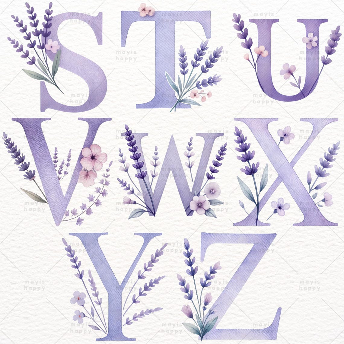 Lavender Floral Alphabet Clipart: Watercolor Letter Set (digital ...