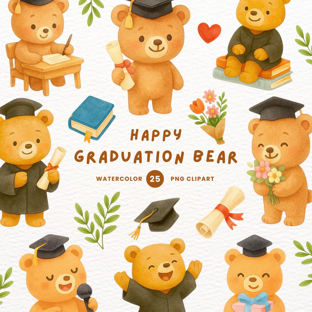 Graduation Bear Clipart, Happy Bear Clipart, Graduation Day, Gift for ...