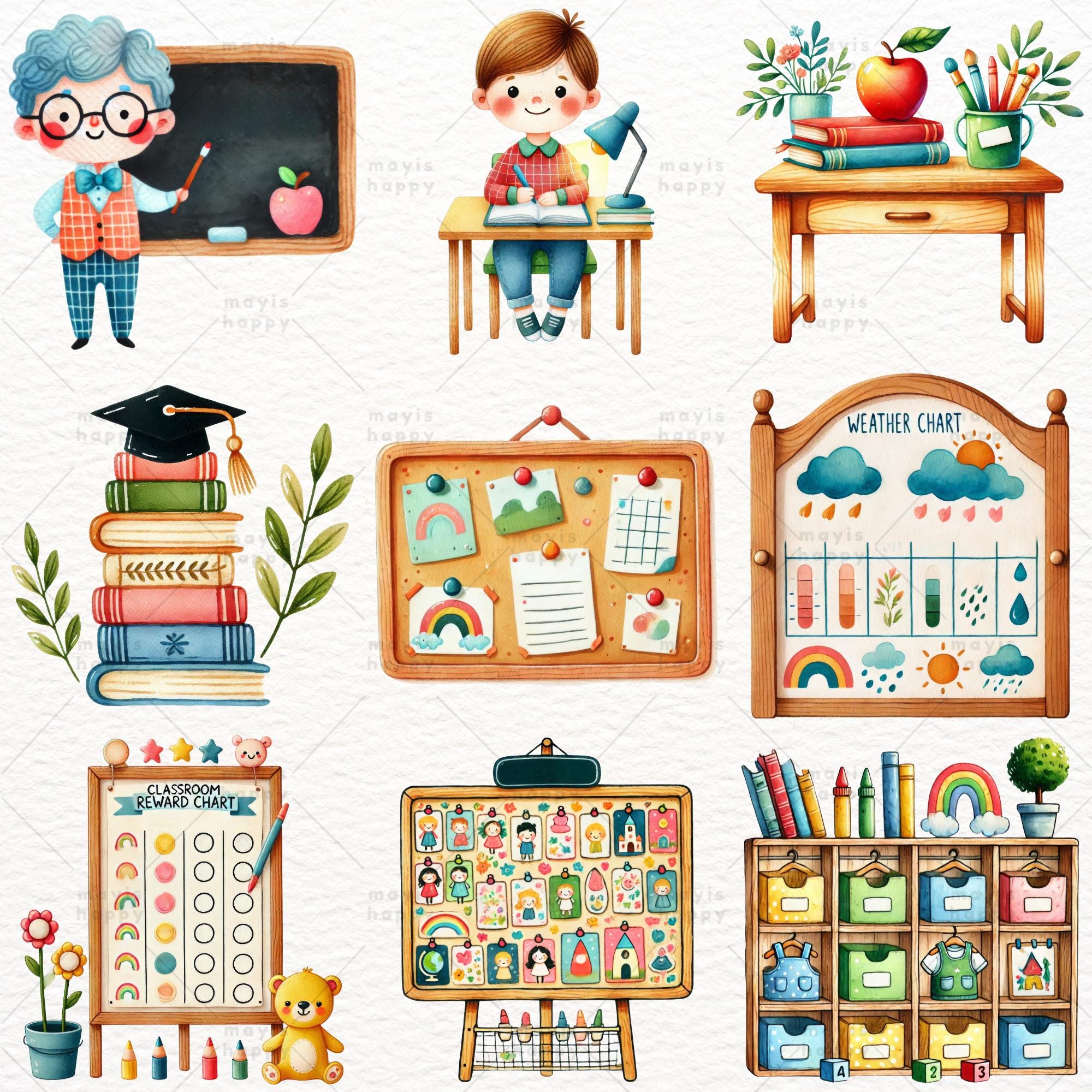 Watercolor Classroom Clipart: 30 PNG School Items (digital Download) - Etsy
