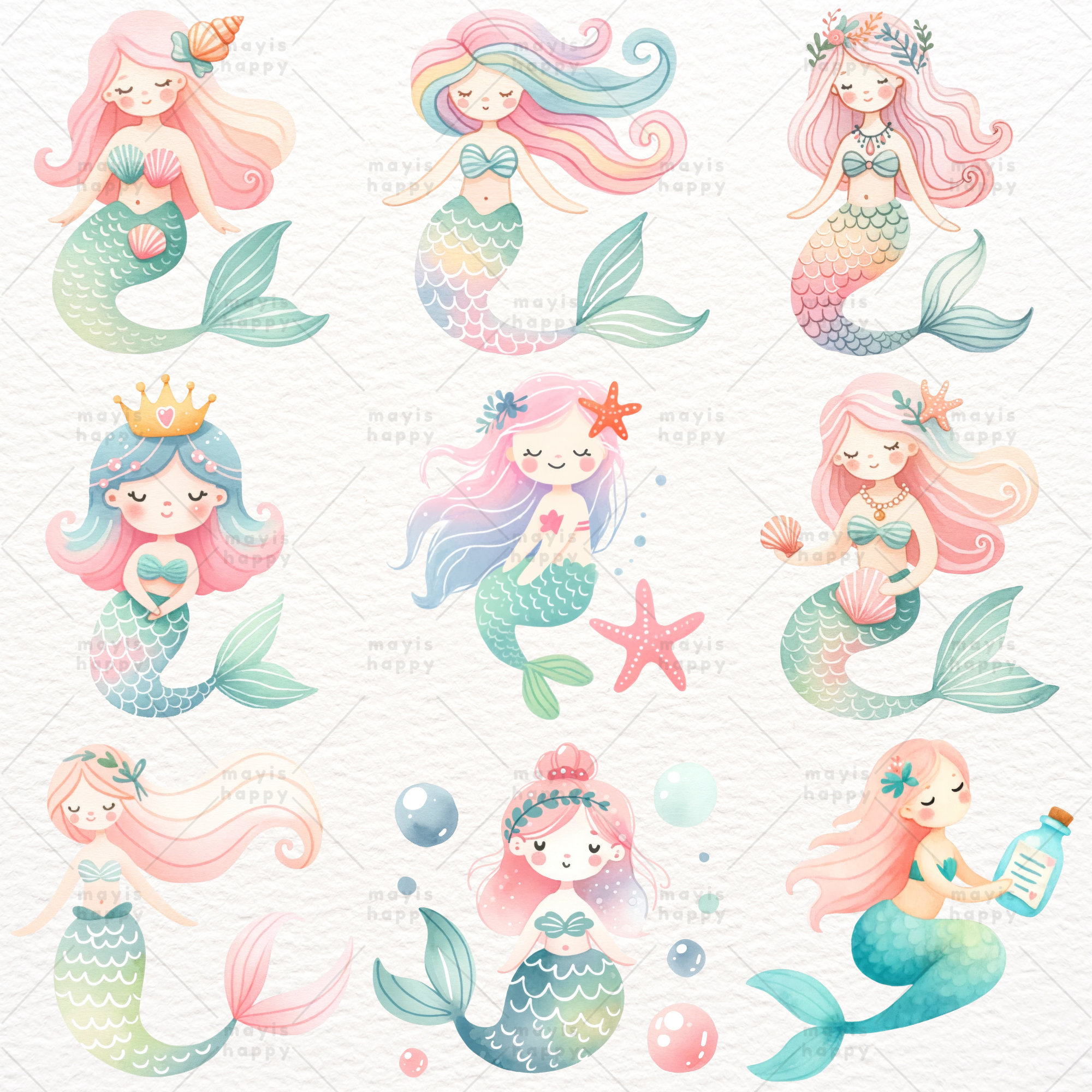 Cute Mermaid, Pastel Mermaid, Whimsical Mermaid, Mermaid PNG, Under the ...