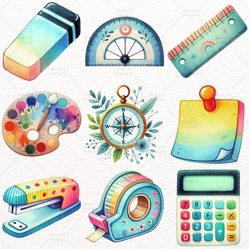 Watercolor School Supply Clipart: 35 PNG Designs (digital Download) - Etsy