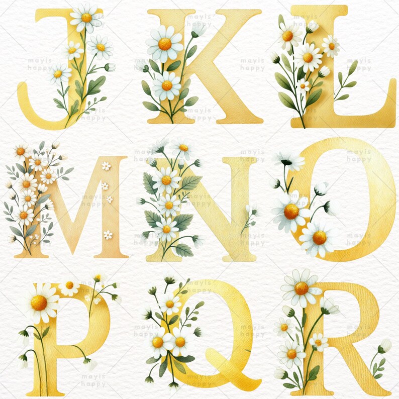 Daisy Flower Alphabet Clipart: Watercolor Doodle Font (digital Download ...