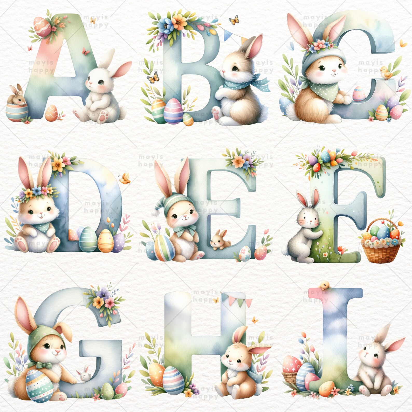 Easter Bunny Alphabet Clipart: Watercolor Doodle PNG (digital Download ...