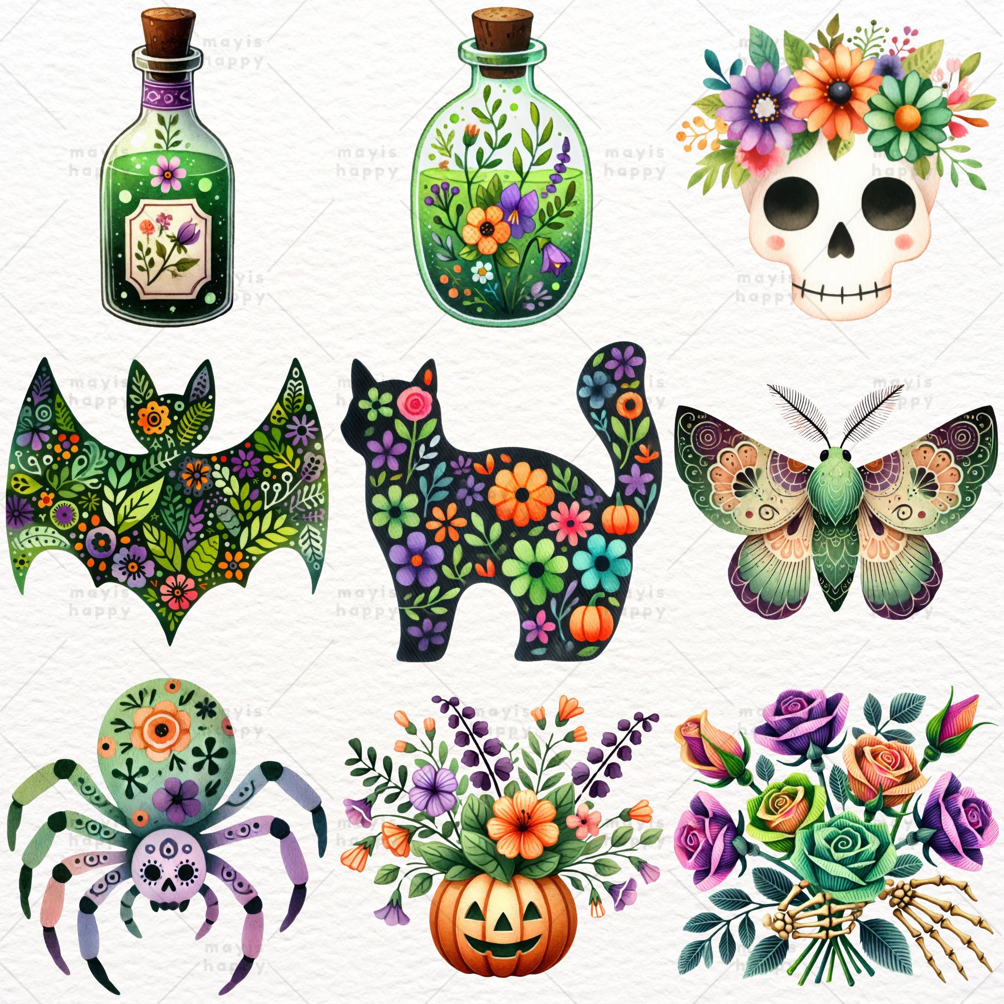 Halloween Flower Clipart: Watercolor Floral PNG Bundle (digital ...