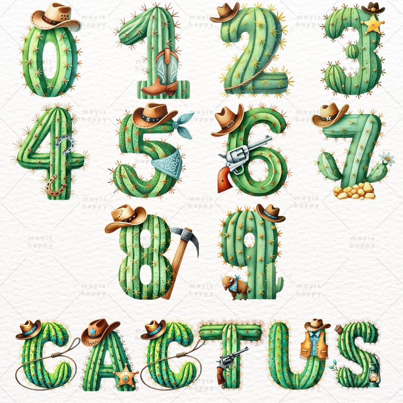 Cowboy Cactus Alphabet Clipart: Watercolor Doodle Font (digital ...
