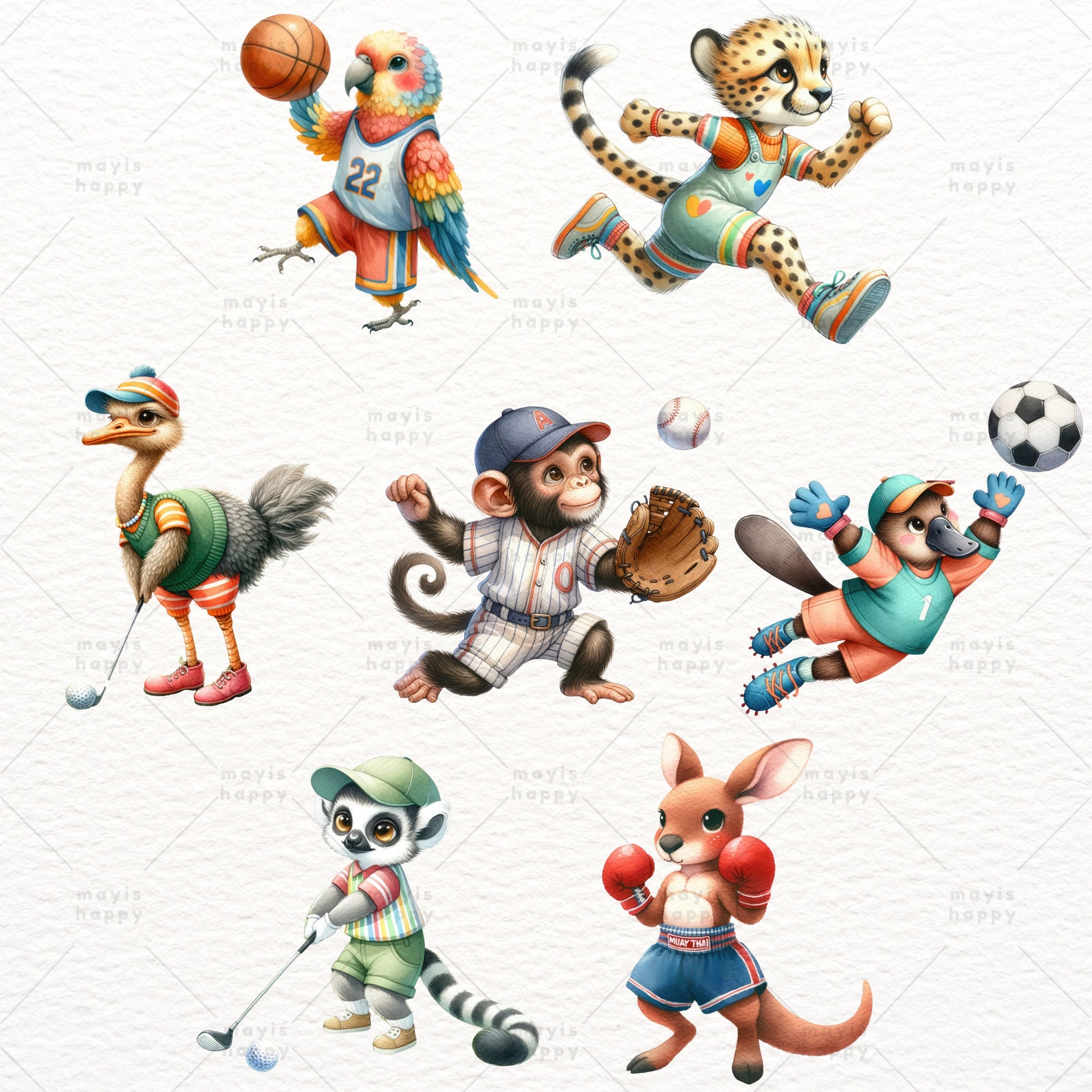 Watercolor Sport Animals Clipart: 25 PNG Illustrations (digital ...