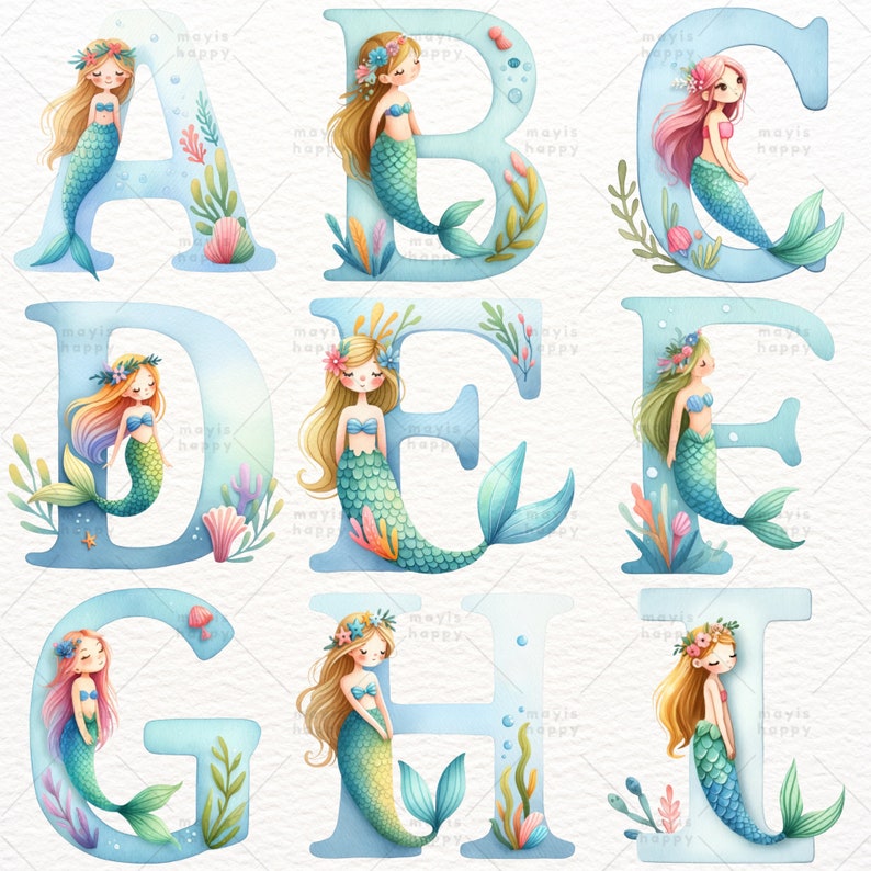Mermaid Alphabet Clipart: Watercolor Doodle PNG (digital Download) - Etsy