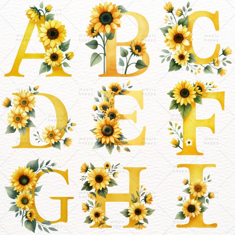 Sunflower Watercolor Alphabet Clipart: Floral Doodle Letters (digital ...