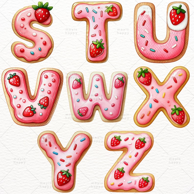 Strawberry Cookie Alphabet Clipart: Valentine Watercolor PNG (digital ...