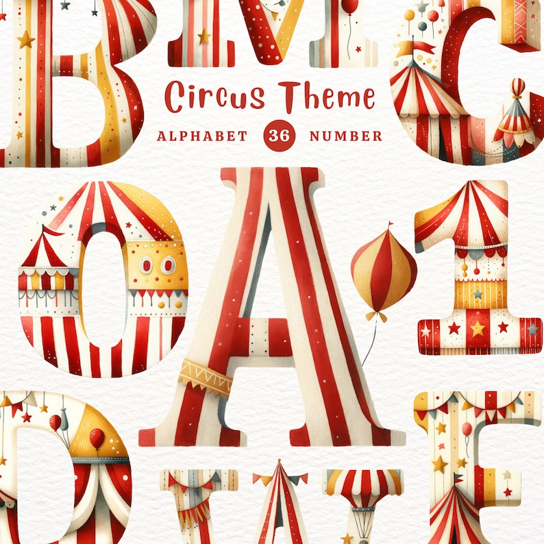Circus Alphabet Clipart: Watercolor Doodle Font (PNG Digital Download ...