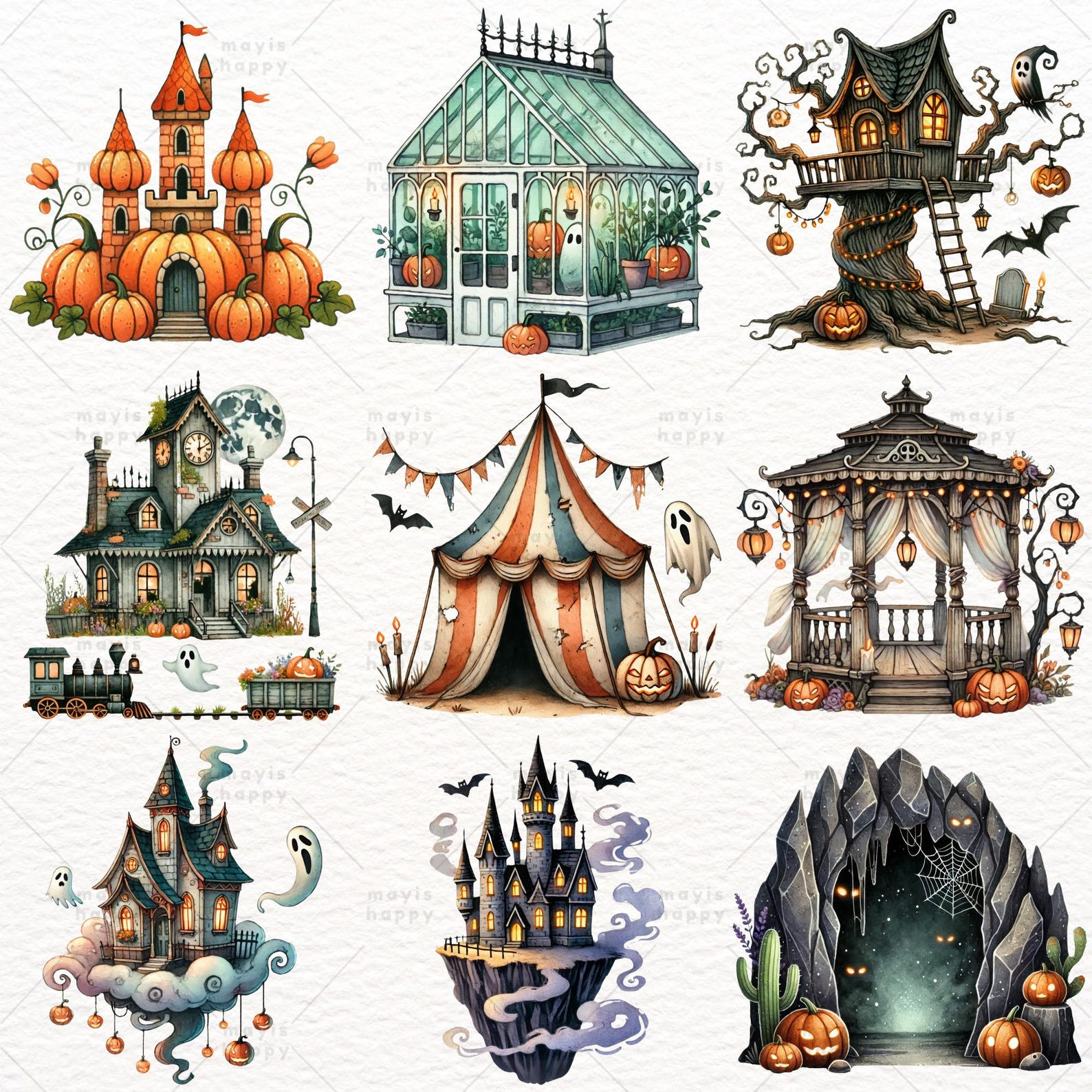 Haunted House Watercolor Clipart: Halloween PNG Bundle (3000x3000px) - Etsy