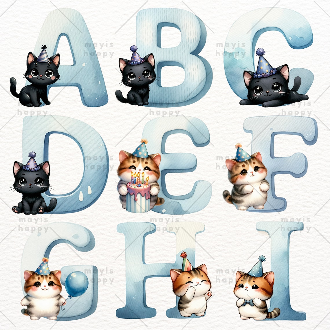 New Year Alphabet Clipart, Cute Cat Alphabet Clipart, New Year Party ...