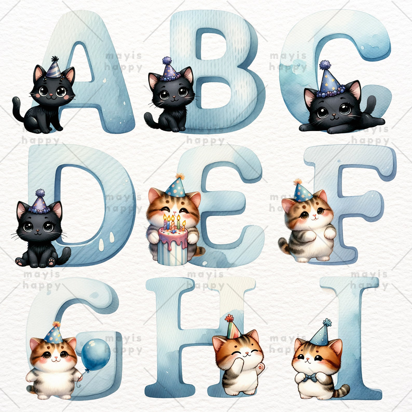 New Year Alphabet Clipart, Cute Cat Alphabet Clipart, New Year Party ...
