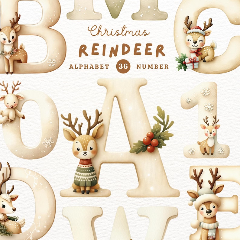 Christmas Reindeer Alphabet Clipart: Watercolor Doodle PNG (digital ...