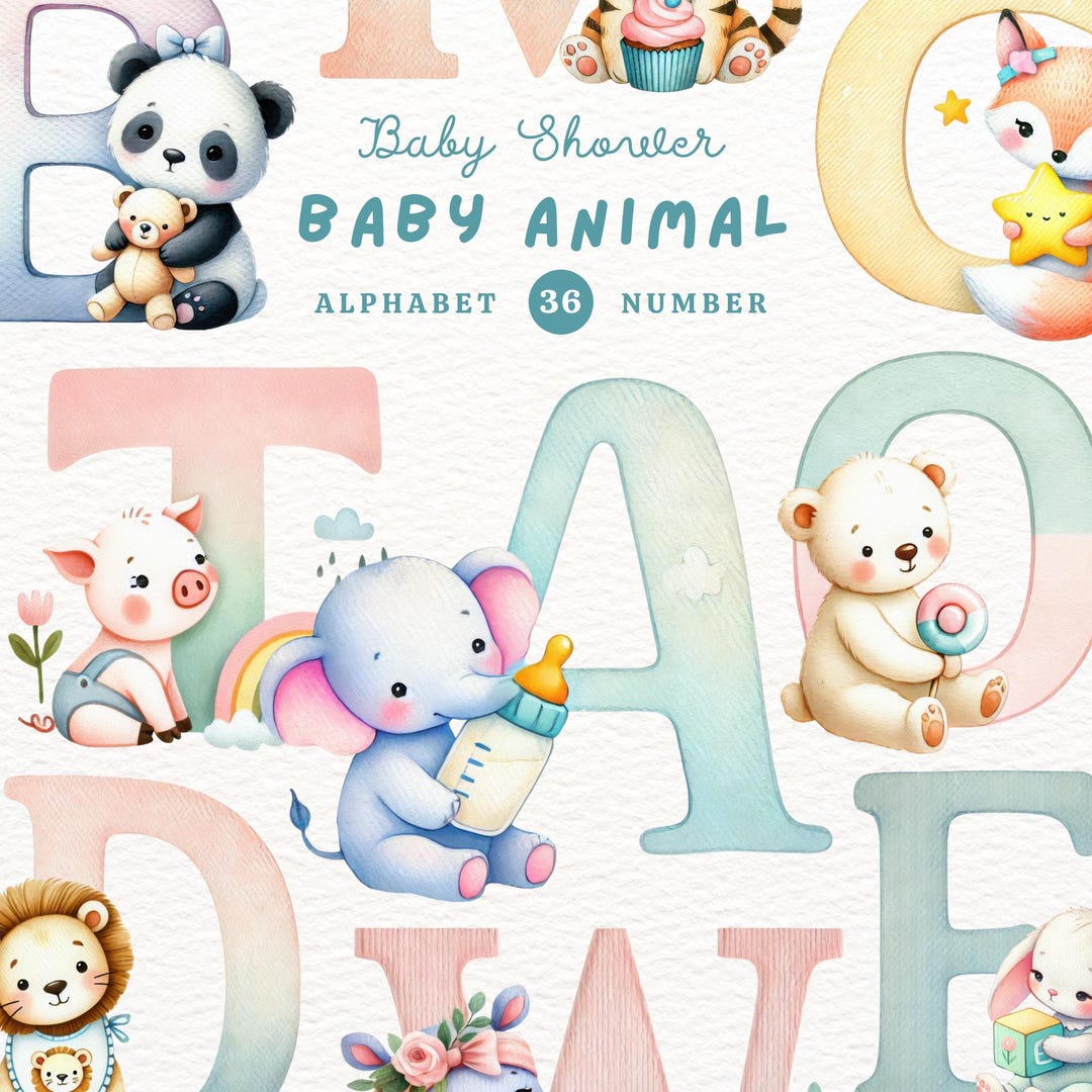 Baby Animals Alphabet Clipart: Watercolor Doodle Font (digital Download ...