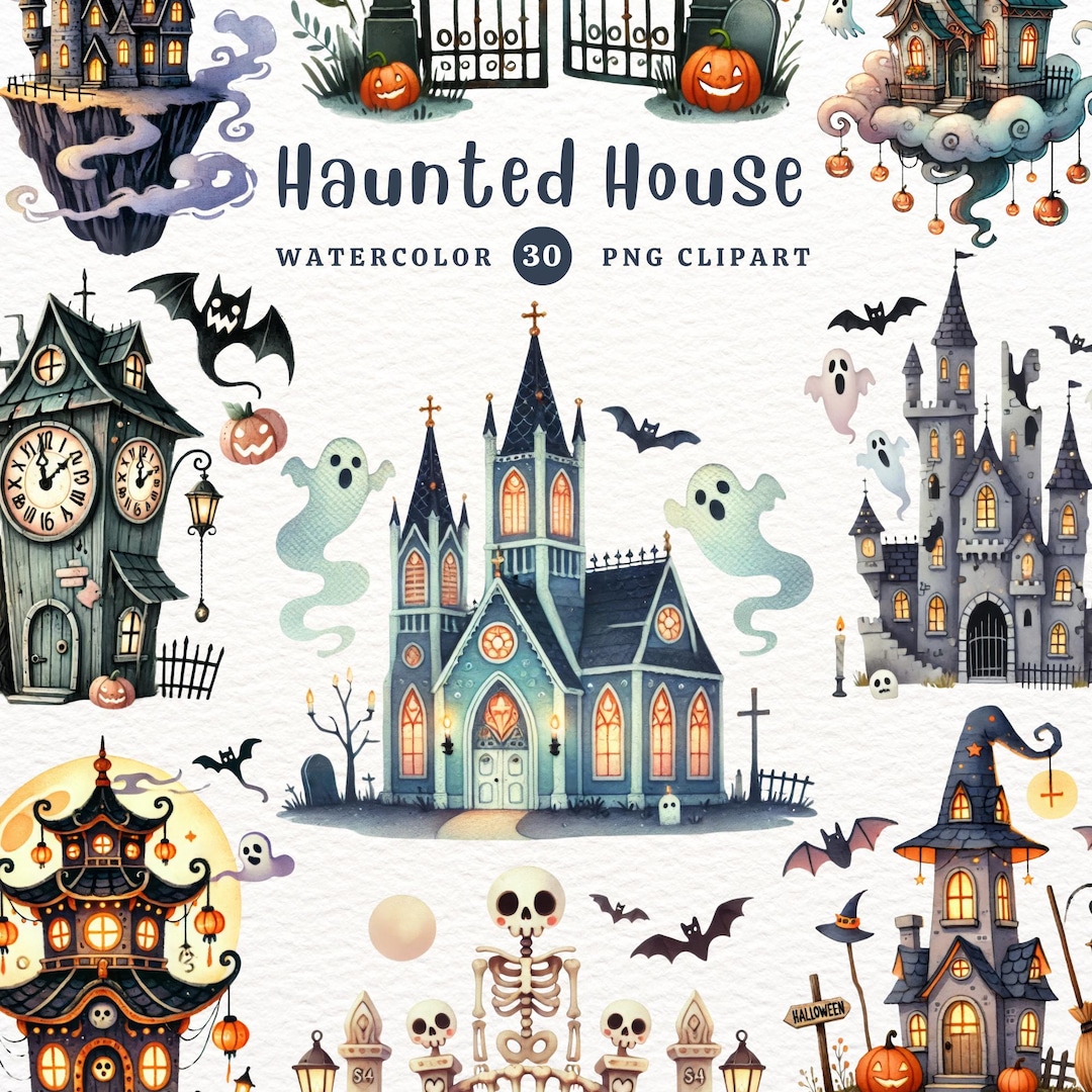 Haunted House Watercolor Clipart: Halloween PNG Bundle (3000x3000px) - Etsy
