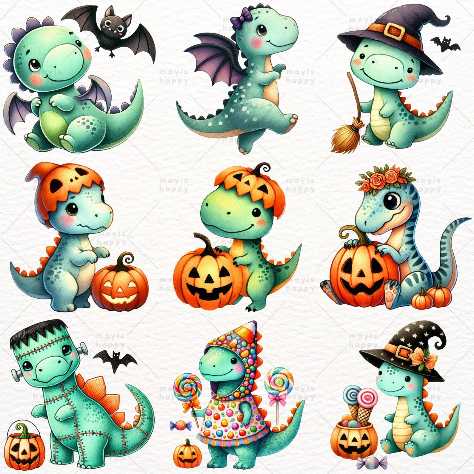 Halloween Dinosaur Watercolor Clipart: 25 PNG Bundle (digital Download ...