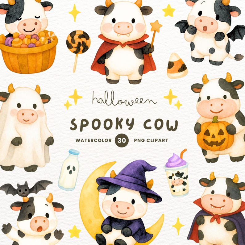 Halloween Cow Clipart: Spooky Watercolor PNG - Etsy