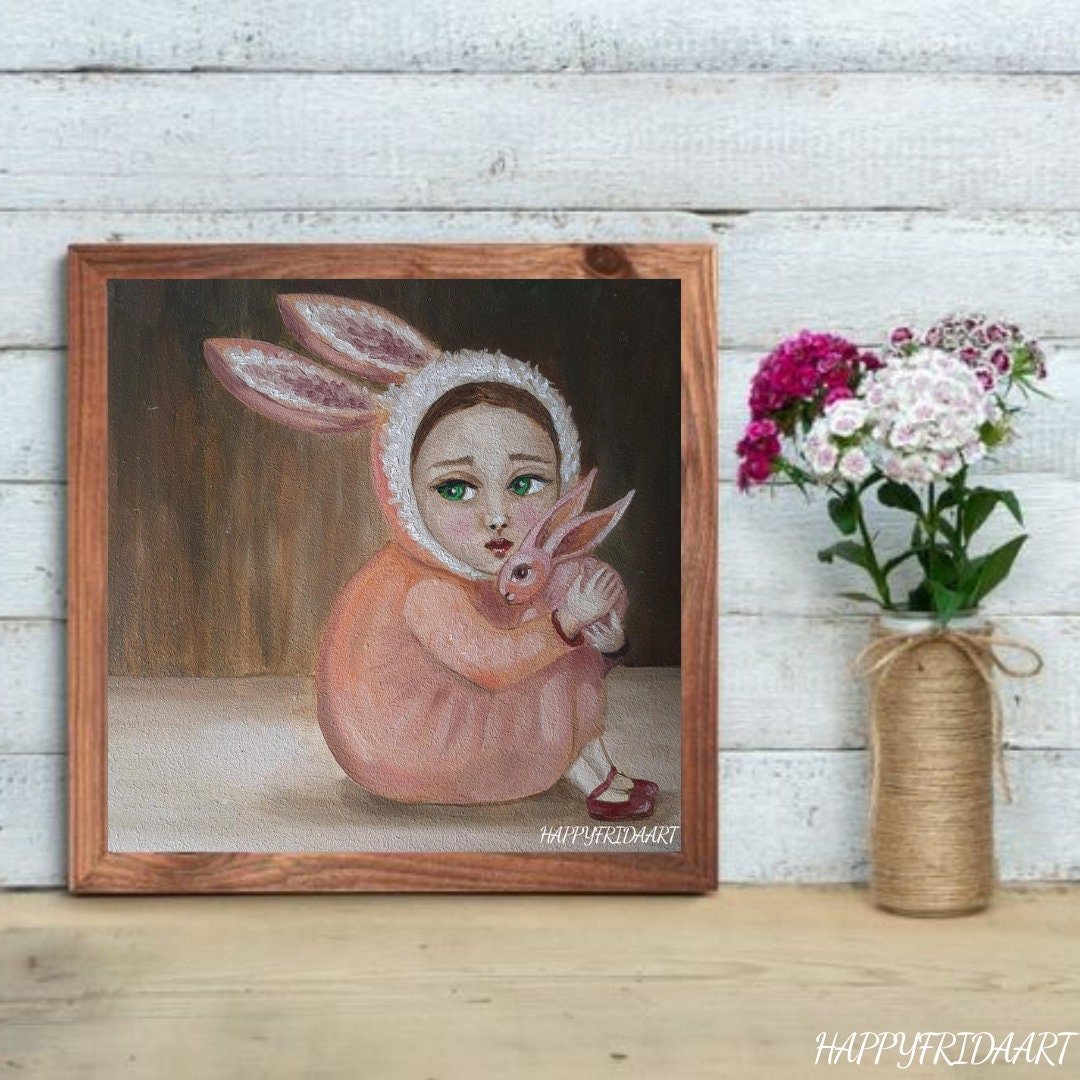 Girl With Rabbit Pink Bunny Art Cute Animals Rabbit Painting Girl Plush ...