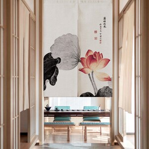 Linen Noren Door Curtain ,chinese Lotus Noren Panel, Floral Curtain ...