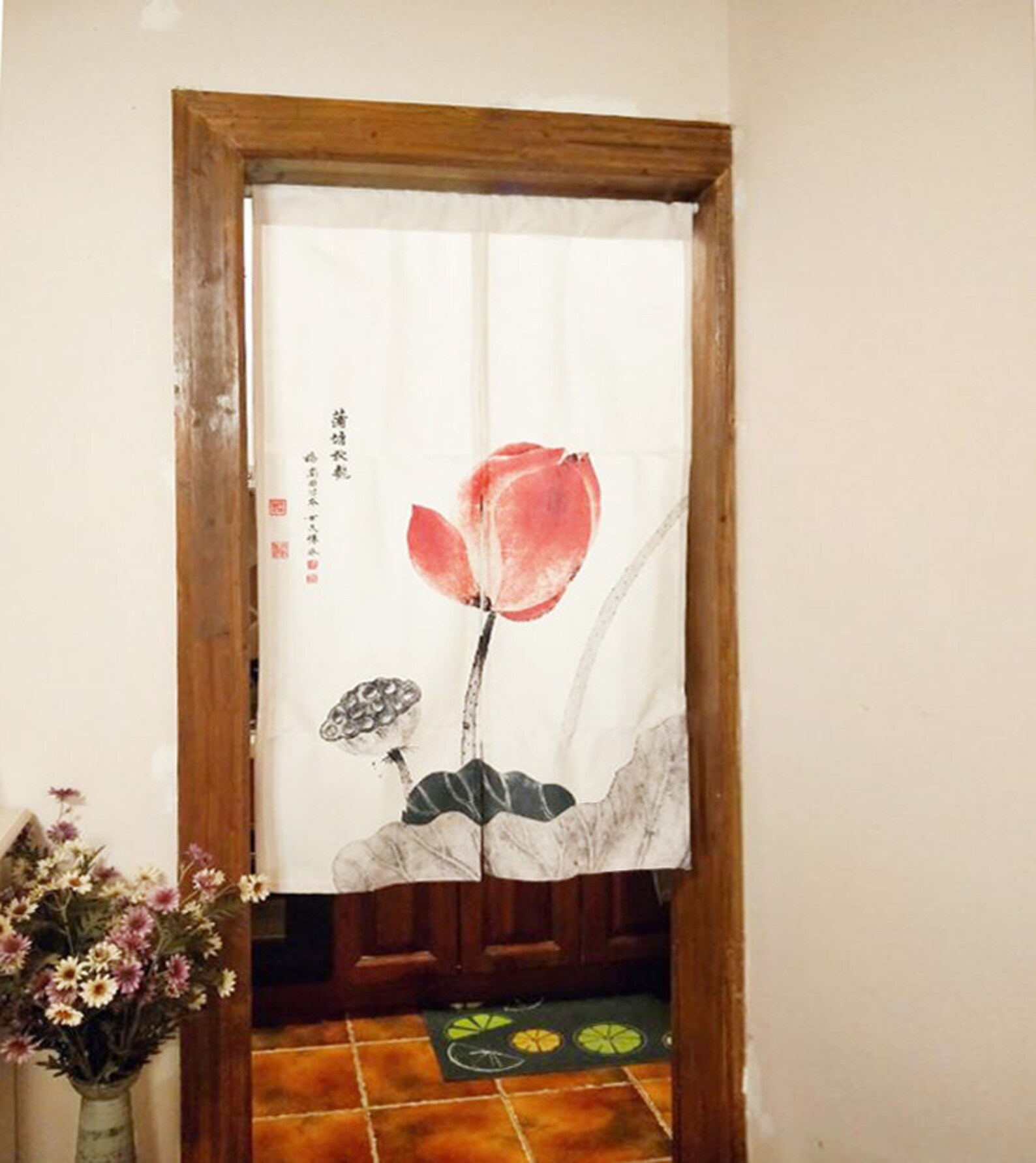 Linen Noren Door Curtain chinese Lotus Noren Panel Floral - Etsy