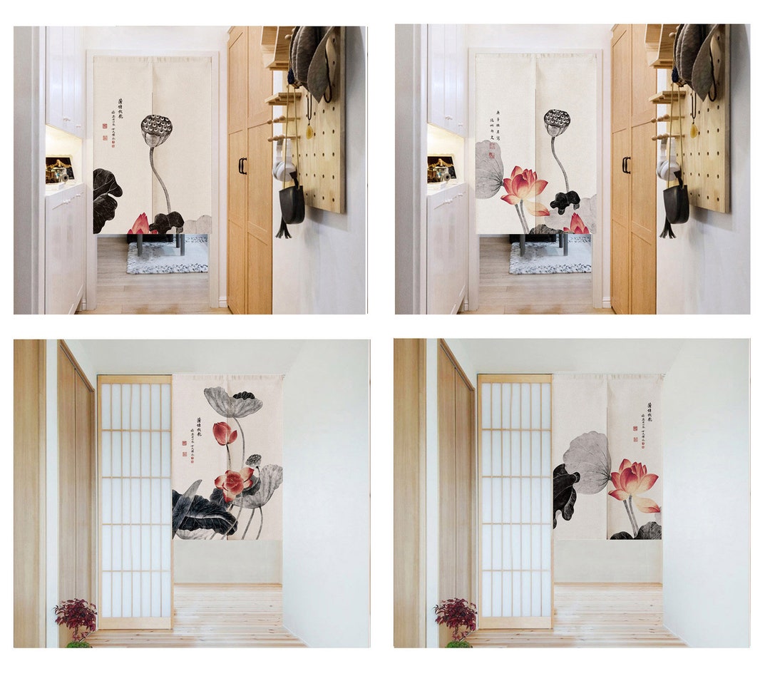 Linen Noren Door Curtain ,chinese Lotus Noren Panel, Floral Curtain ...