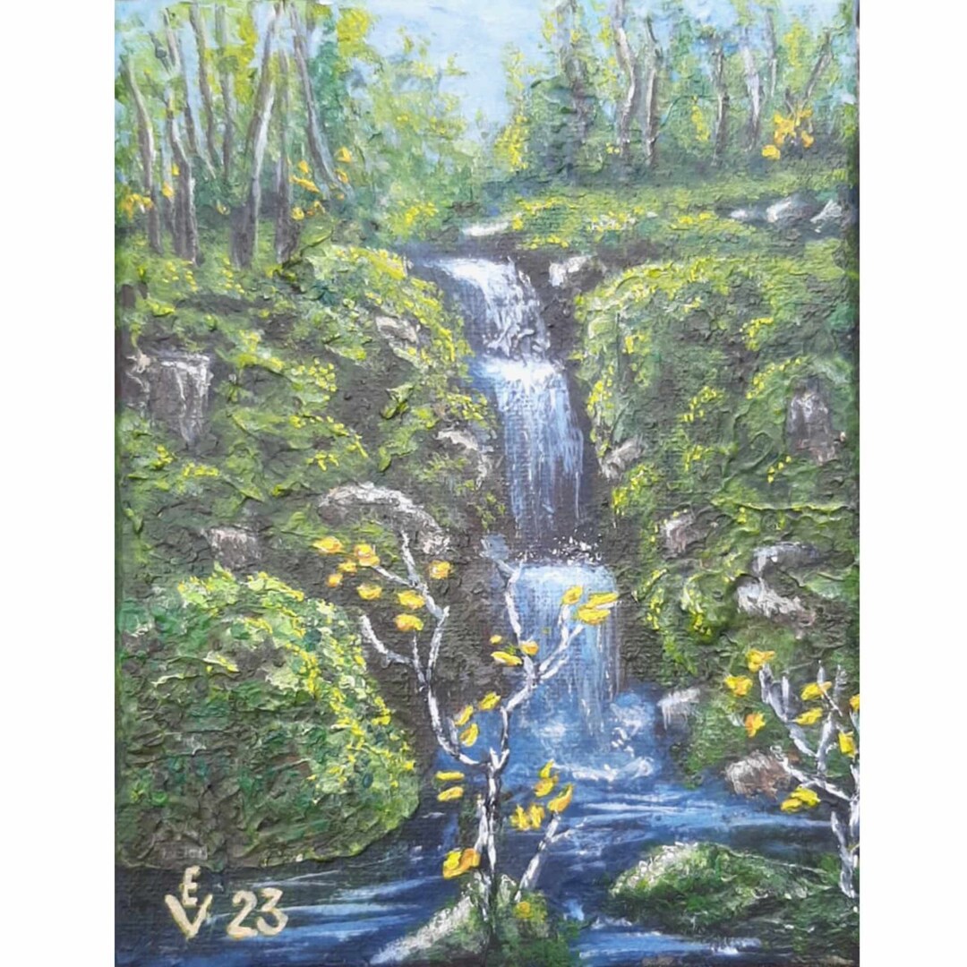 Waterfall Painting Original Acrylic Art Trees Landscape Impasto ...