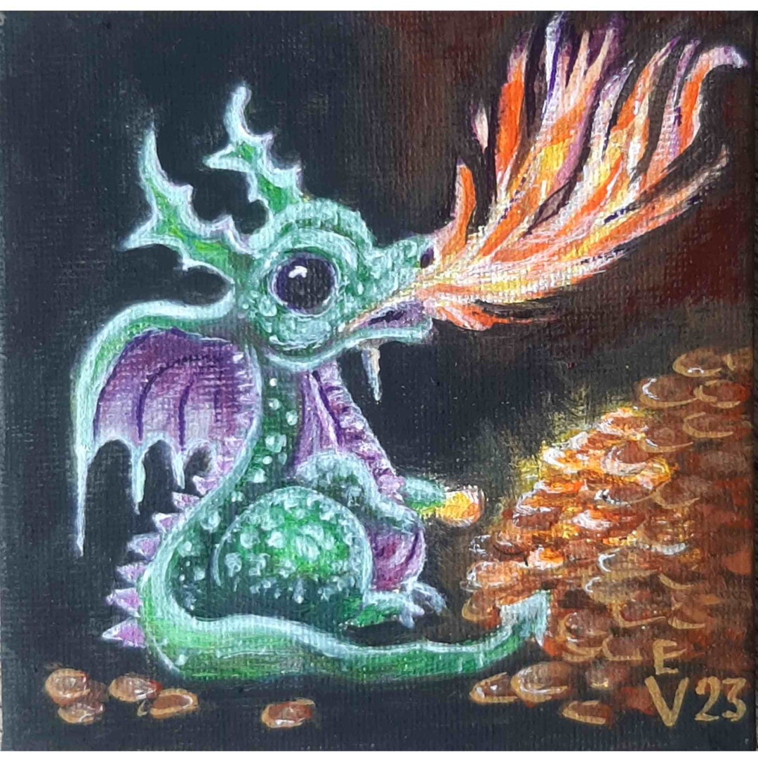 Baby Dragon Painting Original Acrylic Art Animal Painting Green Dragon ...