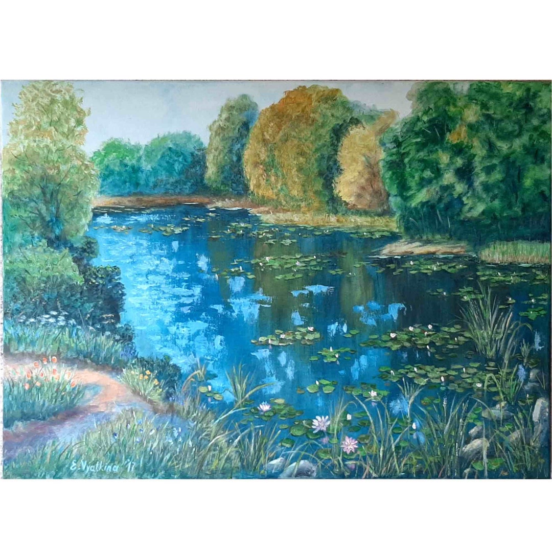 Backwater Painting Trees Original Art Pond Artwork Lotus Canvas Art ...