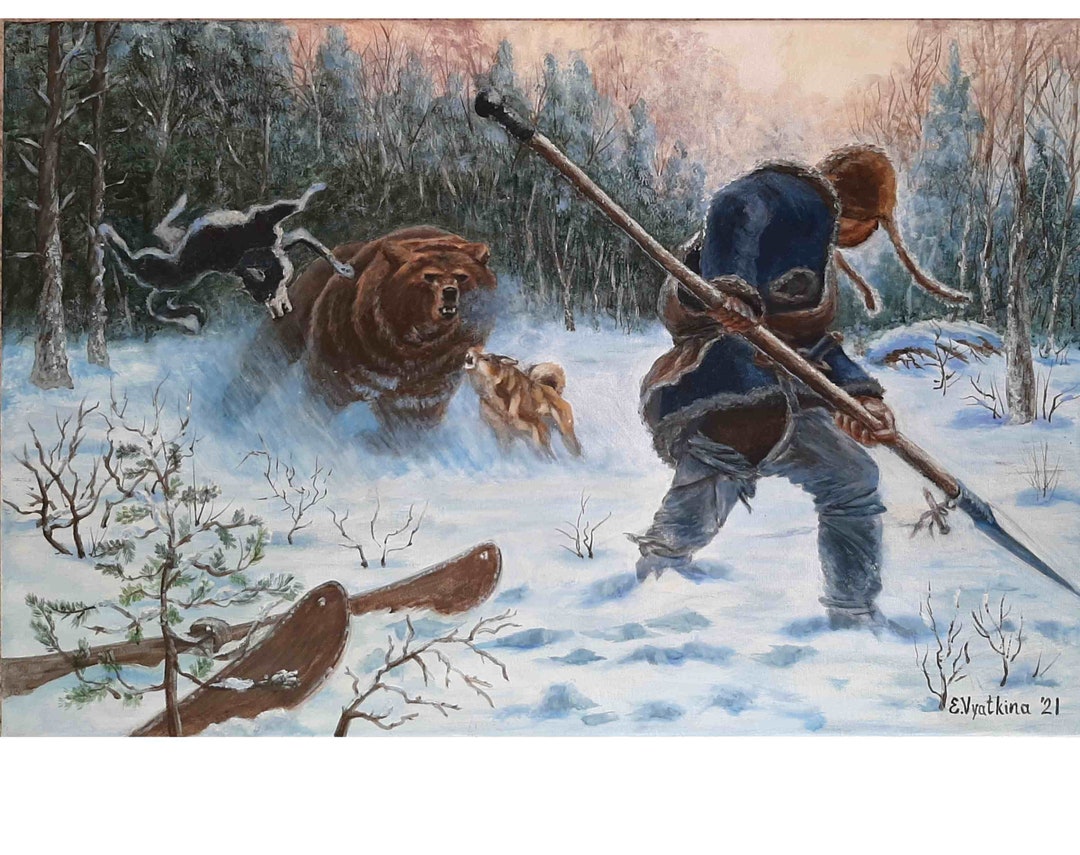 Bear Hunting Artwork Original Acrylic Art Slingshot Canvas Spear Hunter ...