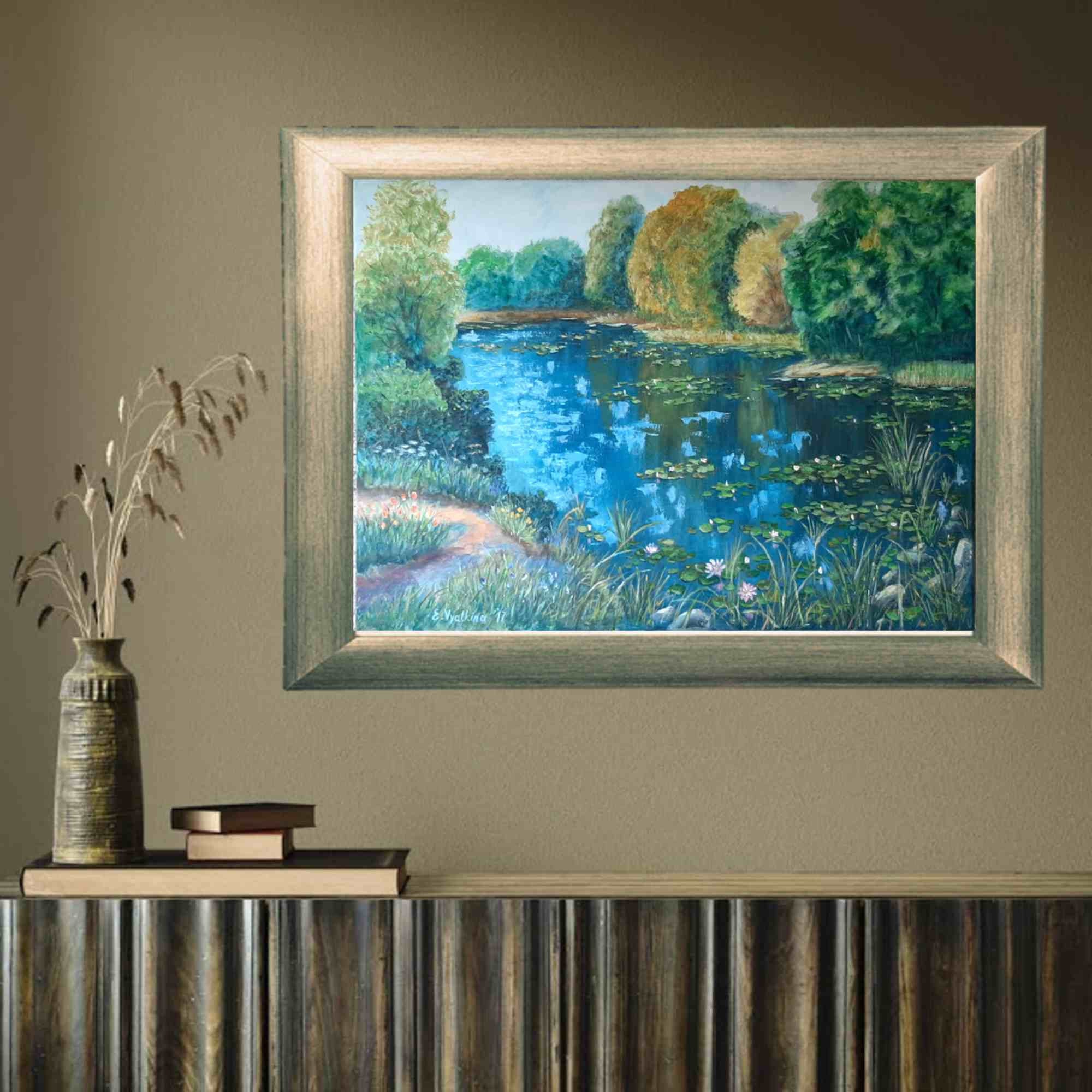 Backwater Painting Trees Original Art Pond Artwork Lotus Canvas Art ...