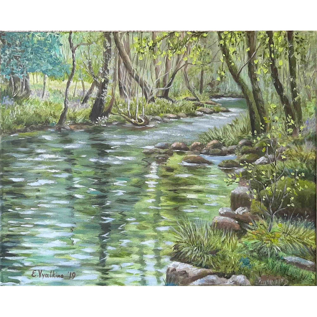 Stream Painting Original Acrylic Art River Landscape Trees Painting ...