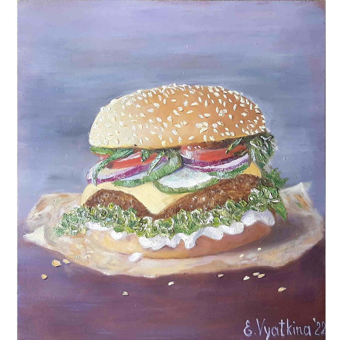 Burger Painting Original Oil Art Cheese Artwork Food Painting Still ...