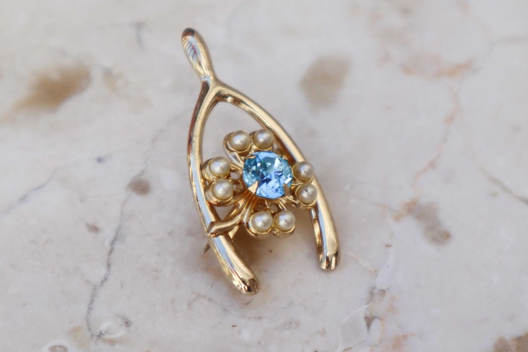 Vintage Gold Tone Wishbone Brooch: Blue Stone & Pearl Jewelry - Etsy
