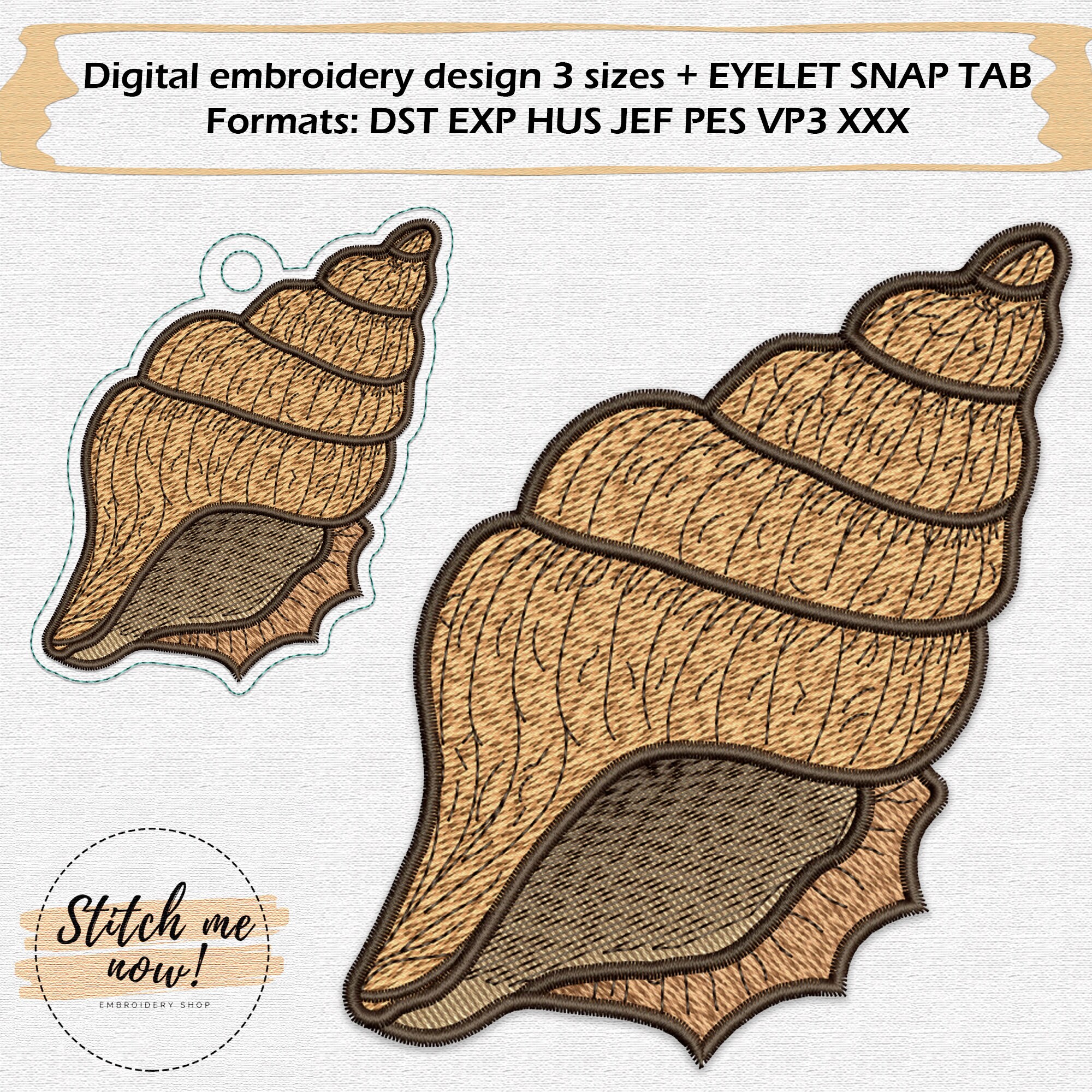 Seashell Machine Embroidery Design in 3 Sizes Includes Snap Tab Eyelet ...