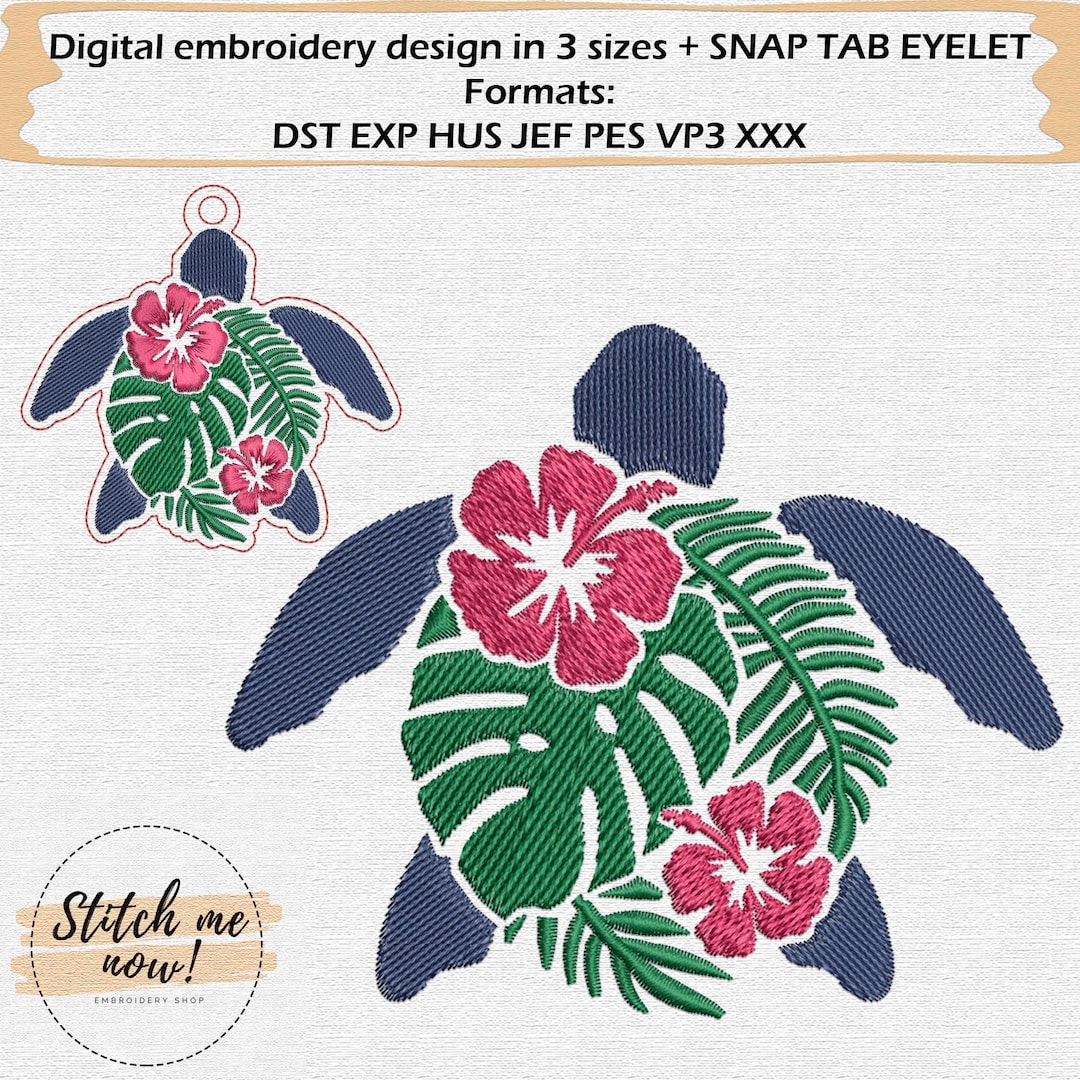 Tropical Turtle Machine Embroidery Design in 3 Sizes Includes Snap Tab ...
