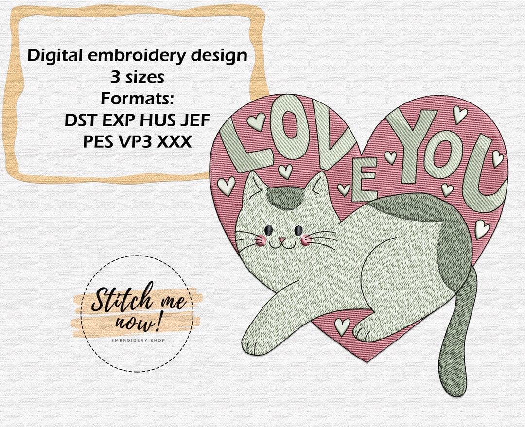Cat&heart Machine Embroidery Design - Love You - Etsy
