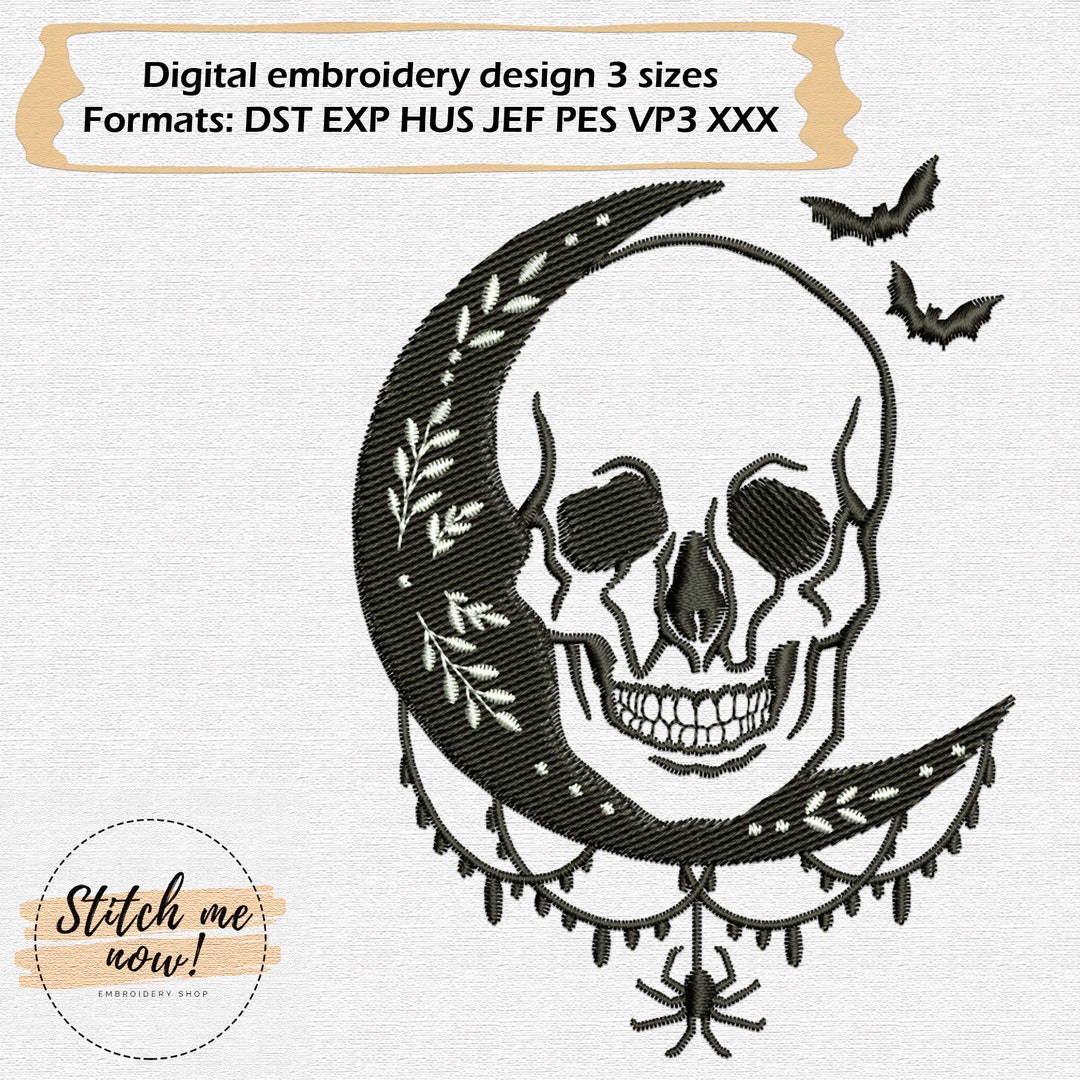 Skull and Moon Machine Embroidery Design Halloween - Etsy