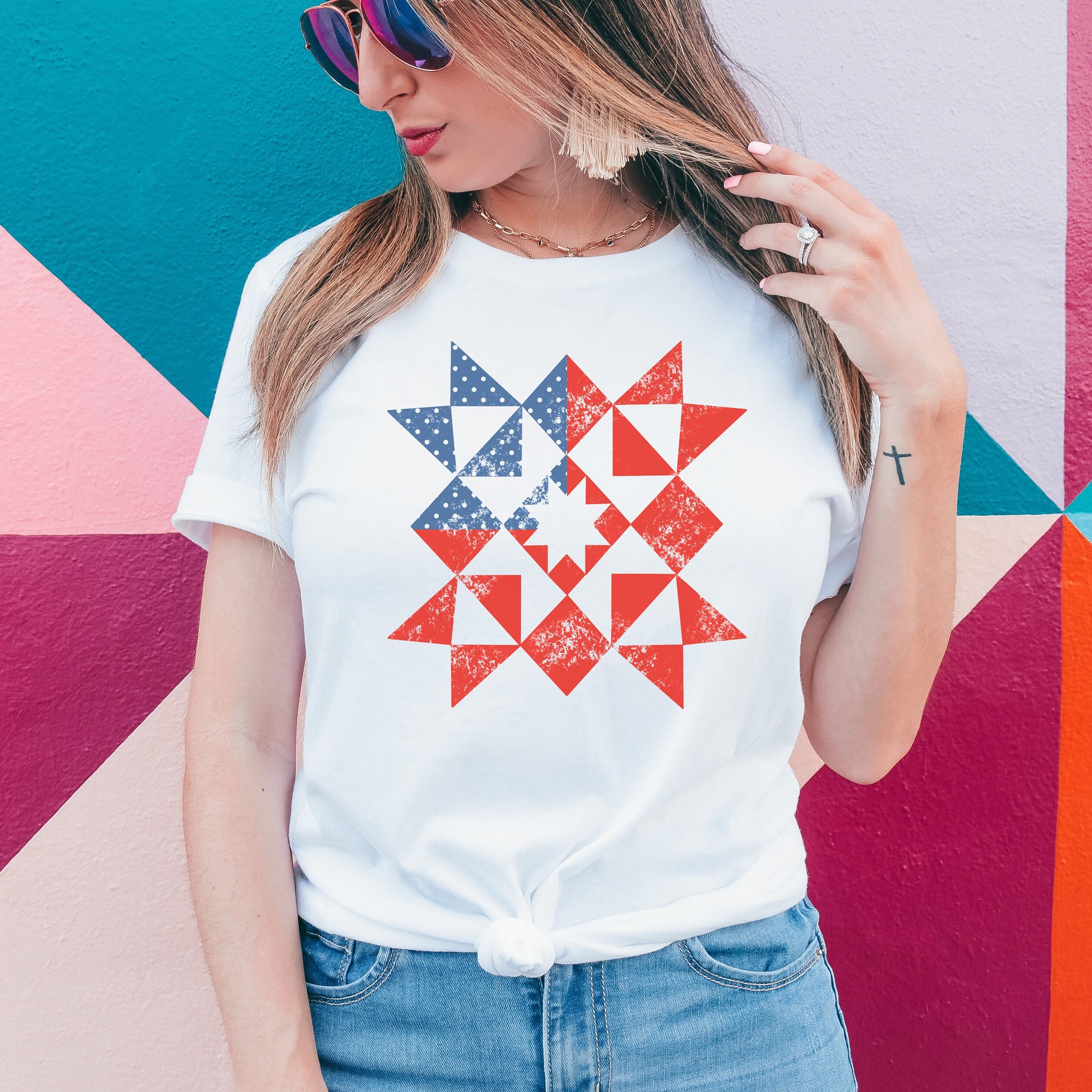 Quilt T-shirt, Patriotic Quilt Block Shirt, Summer Quilt Block, Quilting Tee, Gift for Quilter ...