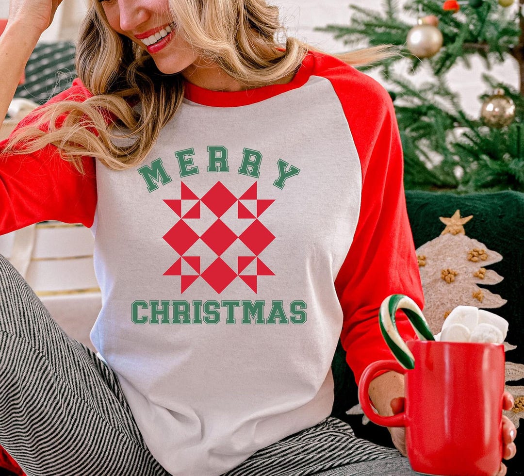 Merry Christmas Raglan Shirt With Quilt Star, Holiday Raglan Tee ...
