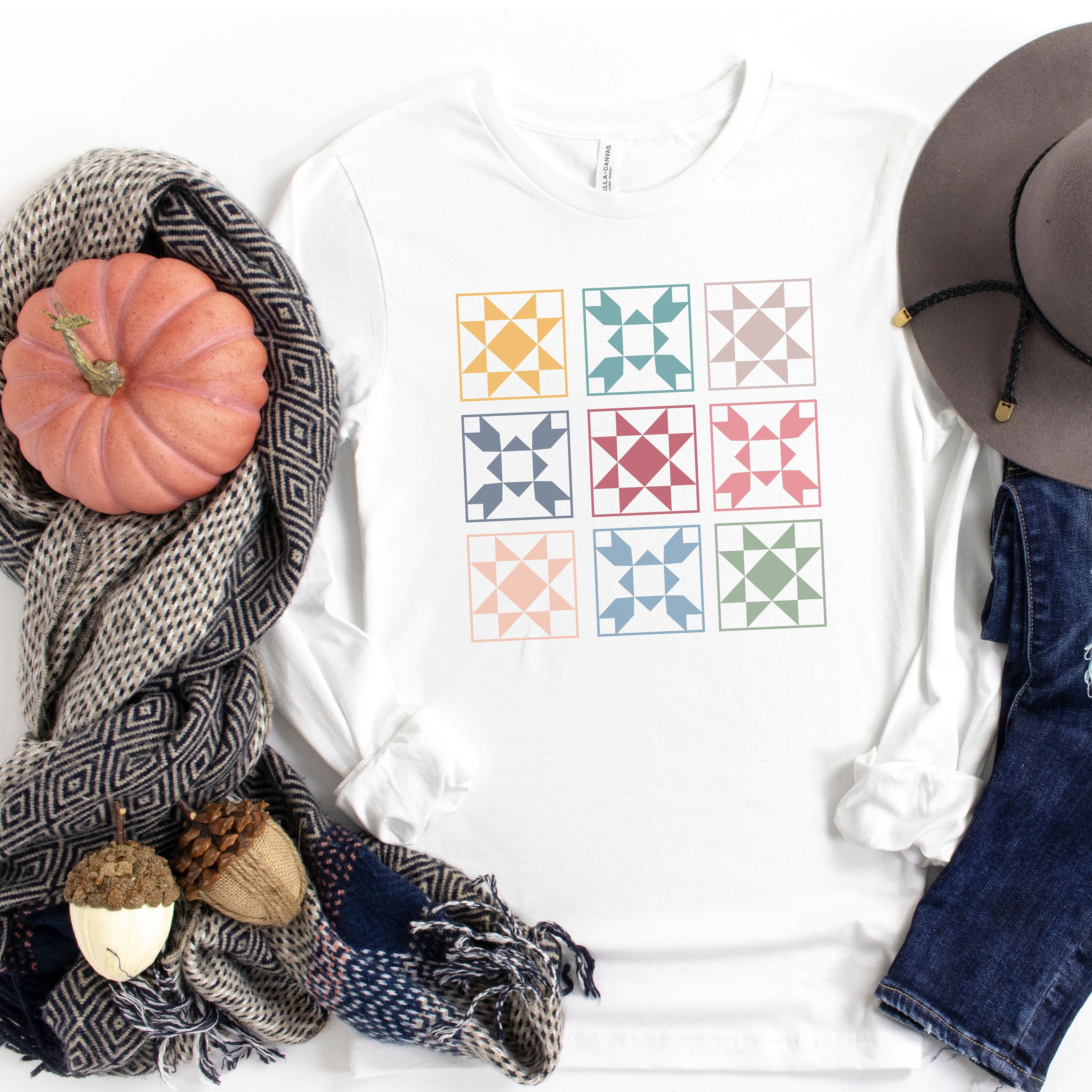 Long Sleeve Quilt Block Shirt for Quilters, Colorful Quilt Block T ...