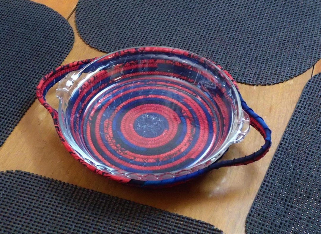 Coiled Rope Deep Dish Pie Plate Basket: Navy & Red Fabric, Cork Base - Etsy
