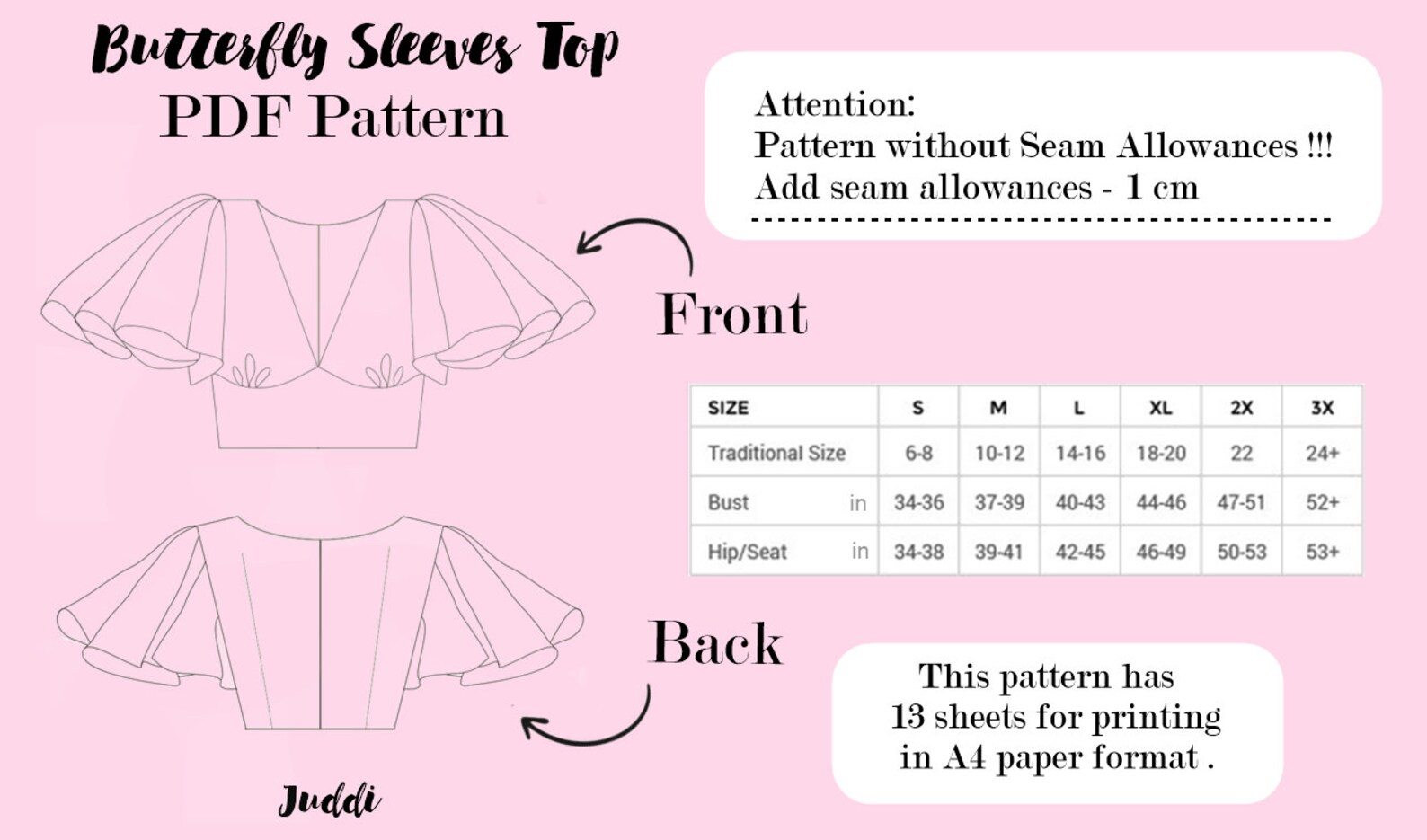 Butterfly Sleeve Top Pdf Pattern Instant Download Xs Xxl Etsy