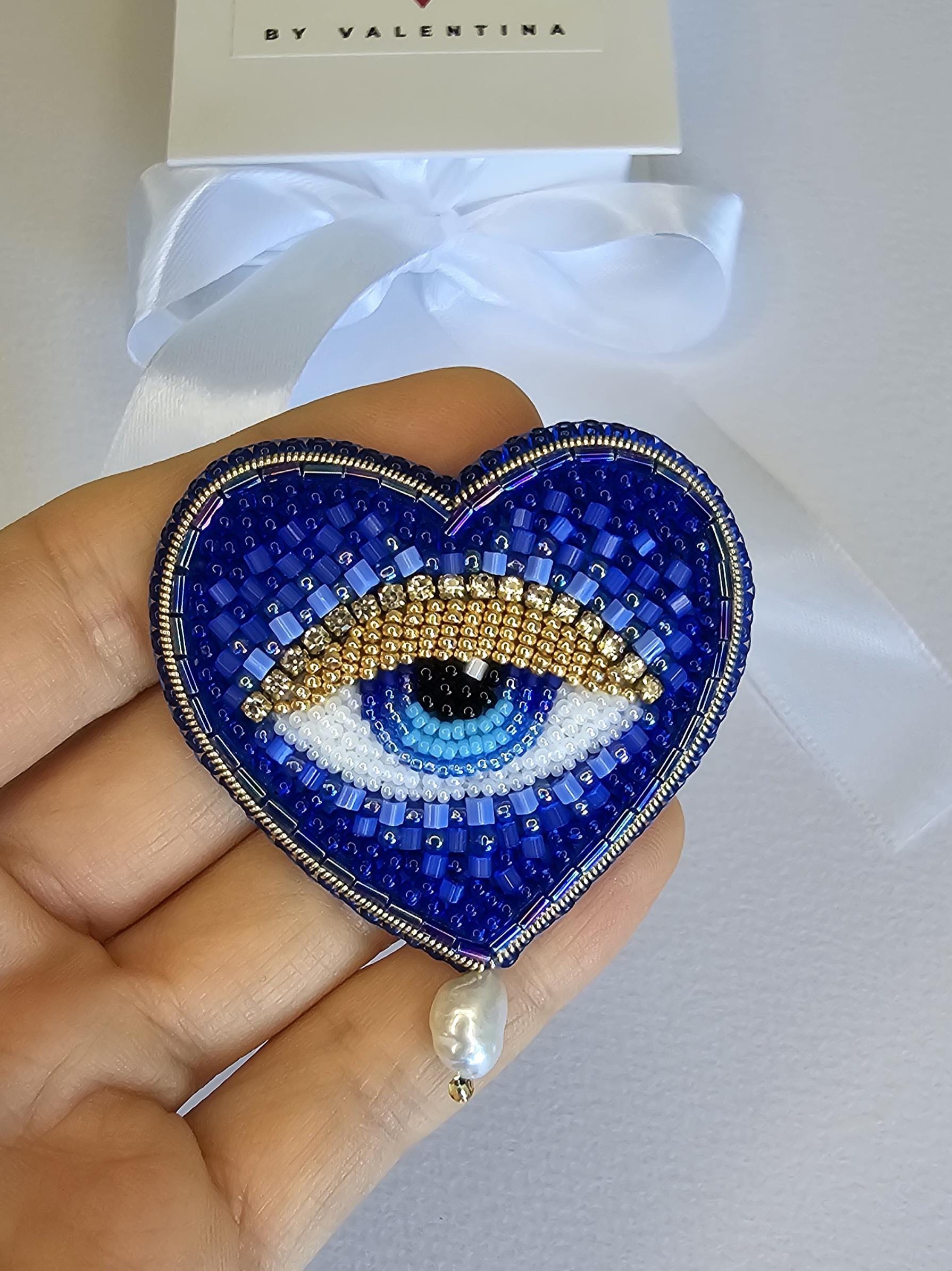 Evil Eye Brooch, Beaded Brooch Blue Eye, Embroidered Brooch Heart With ...