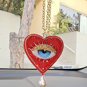 Beaded Evil Eye Heart Car Charm – Red Heart Rearview Mirror Charm With ...