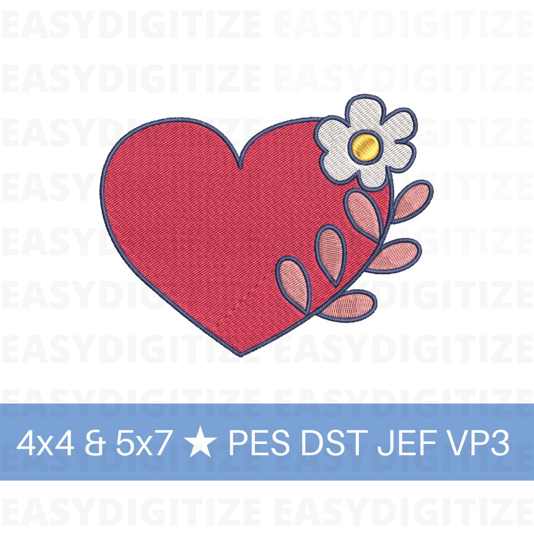 Heart With Flower on Edge Embroidery Design File 4x4 & 5x7 PES DST JEF ...
