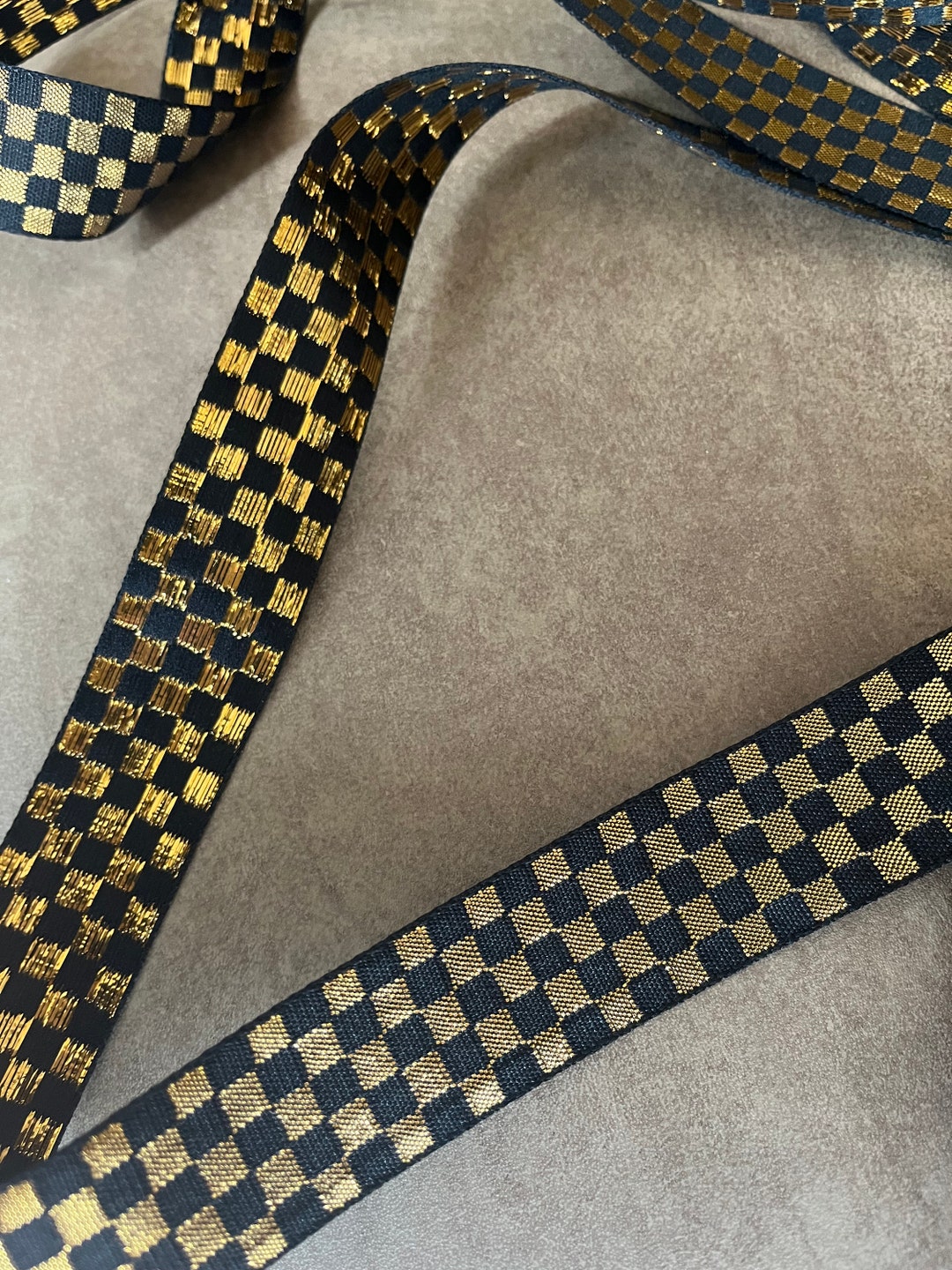 1" Vintage Black Gold Metallic Checkered Checks Woven Jacquard Ribbon ...