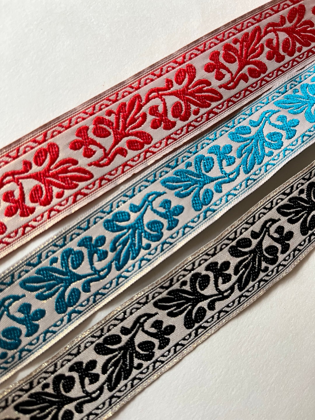 Vintage Jacquard Trim, Leaf Style Black or Red or Blue With Matte Gold ...