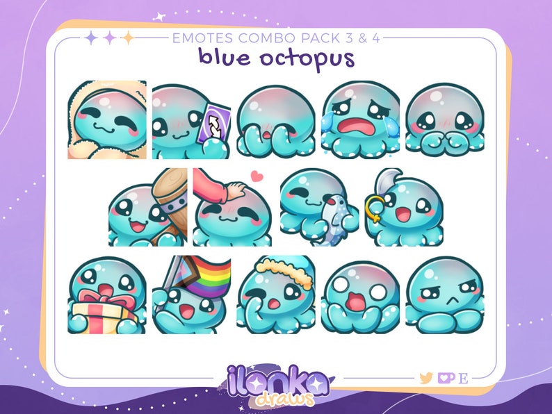 Blue Octopus Twitch/discord Emotes Combo Pack 3 & 4 set of 14 - Etsy