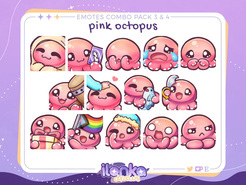 Pink Octopus Twitch/discord Emotes Combo Pack 3 & 4 set of 14 - Etsy